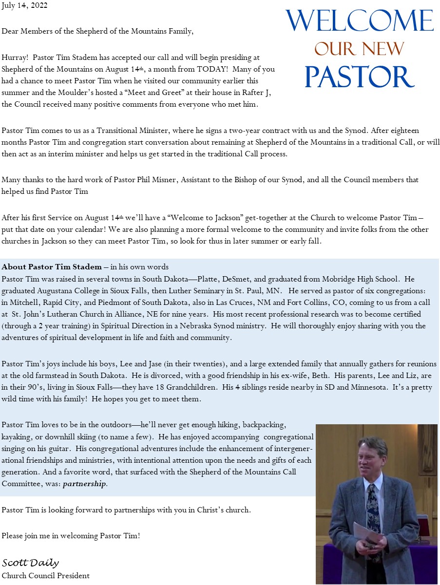 Our Pastor – Shepherd of the Mountains Lutheran Church (ELCA)